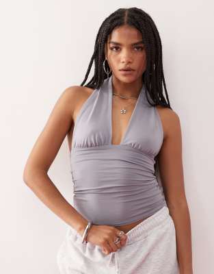 Weekday deep halter neck top in dark grey | ASOS