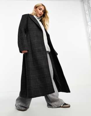 Weekday Delila wool blend sleek structured coat in dark grey check | ASOS