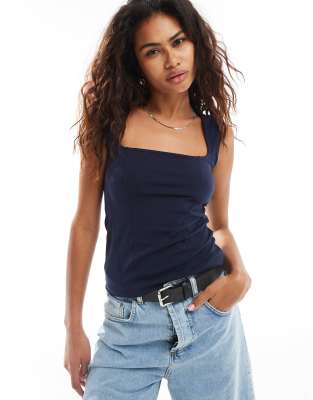 Weekday Elin Square Neck Tank Top With Contour Seams In Navy | ModeSens