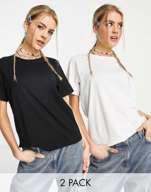 Weekday Essence Lot De 2 T Shirts En Coton Noir Et Blanc Multi