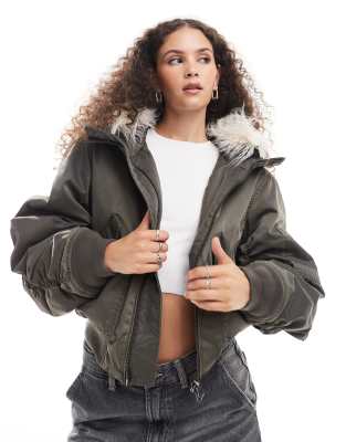 Weekday Gem bomber coat with contrast faux fur hood in dark gray | ASOS