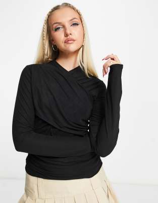Weekday Lara wrap detail long sleeve top in black | ASOS