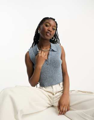 Weekday Liv knitted cropped polo singlet in blue | ASOS