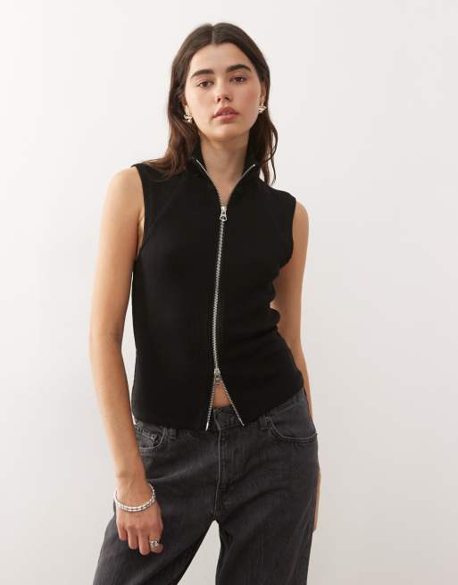 Weekday mock neck zip up sleeveless top in black | ASOS
