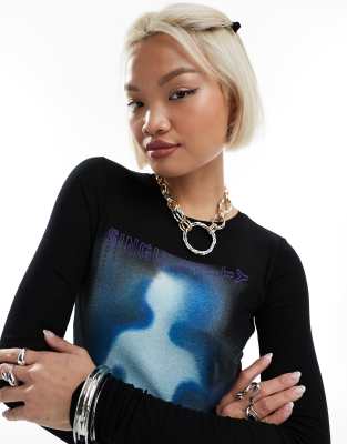 Weekday Nico sheer mesh top in black with blurred front print | ASOS
