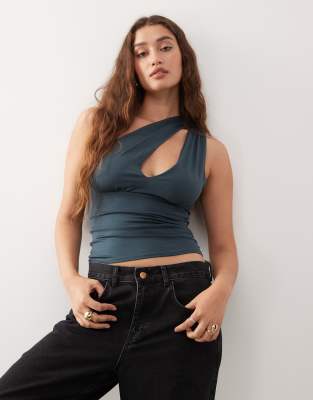 Weekday one shoulder top with slash detail in dark grey | ASOS