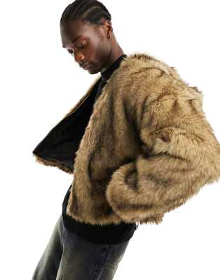 Weekday Paolo oversized faux fur hooded jacket in brown | ASOS