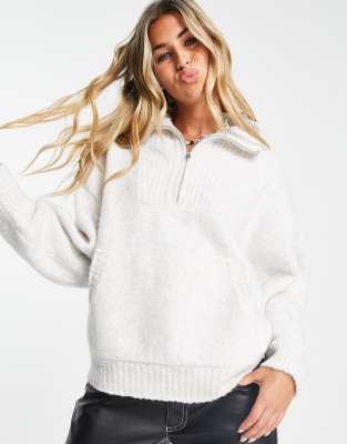 Weekday Seven funnel neck zip up sweater in off white | ASOS
