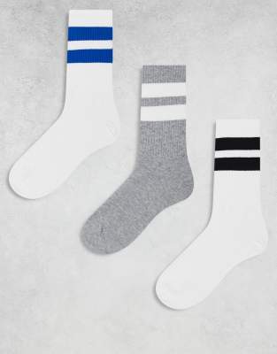 Weekday stripe sport socks 3-pack in white & grey melange | ASOS