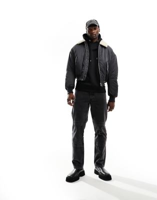 Weekday Timo bomber jacket with faux fur collar in dark grey | ASOS