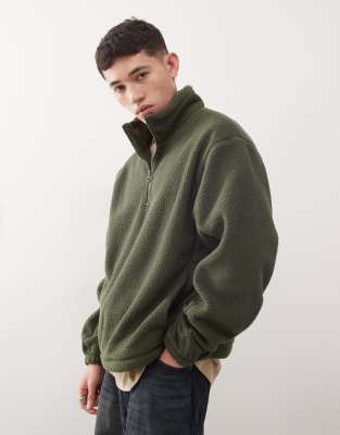 Weekday Travis half zip borg fleece sweatshirt in khaki | ASOS