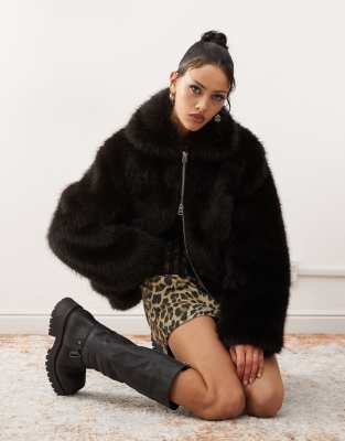 Weekday Yara faux fur jacket in dark brown | ASOS