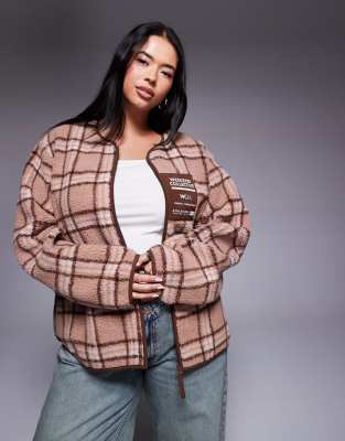 Weekend Collective Curve borg zip through fleece with pink check design ...