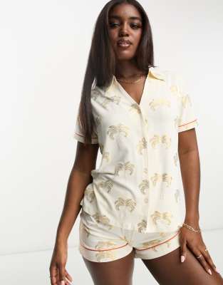 Wellness Project x Chelsea Peers foil palm short pyjamas in cream and ...