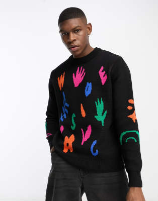 WESC abstract print knitted jumper in black | ASOS