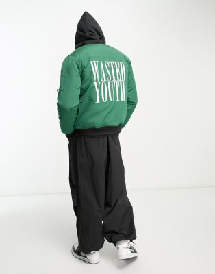 WESC wasted youth logo print bomber jacket in green | ASOS
