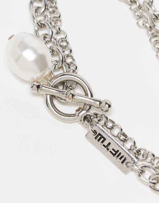 WFTW double chain chunky pearl bracelet in silver | ASOS