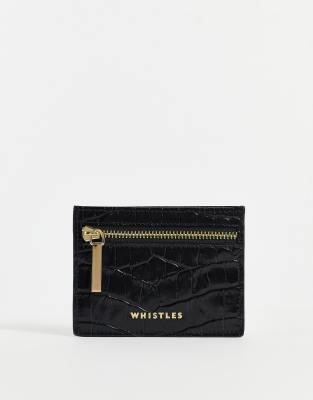 Whistles faux croc card holder purse in black | ASOS