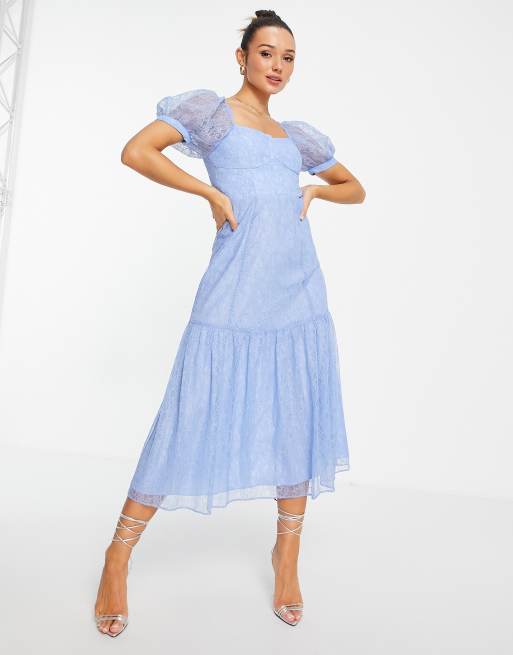 Whistles - Kanten midi-jurk met korset in blauw | ASOS