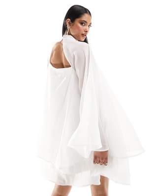YAS Bridal sheer floaty mini dress with exaggerated sleeves in white | ASOS