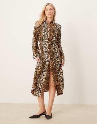 YAS tie waist maxi shirt dress in leopard print print | ASOS