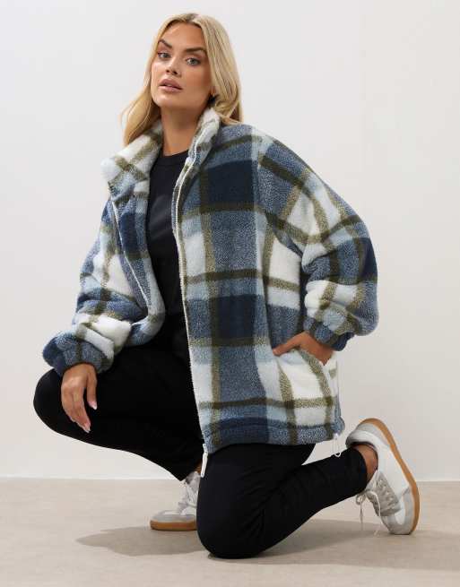 Yours Clothing Check fleece jacket in blue | ASOS
