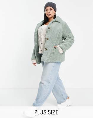 Yours Cropped Teddy Jacket In Sage-green | ModeSens