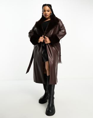 Yours faux fur trim PU belted coat in brown | ASOS