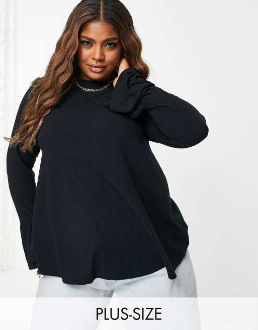 Yours ribbed flare sleeve top in black | ASOS