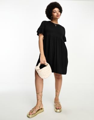 Yours - Robe babydoll courte avec manches à volants - Noir | ASOS
