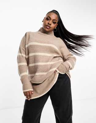 Yours roll neck stripe jumper in neutral | ASOS