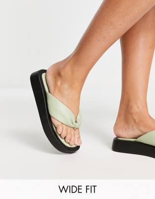 Yours Wide Fit toe post flatform sandals in green | ASOS